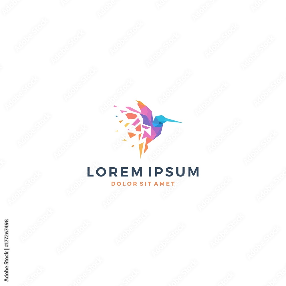 bird colibri hummingbird geometric shattered fractal fraction vibrant colorful logo vector icon ...