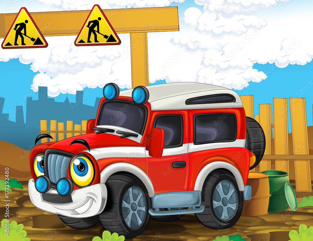 cartoon fast off road car driving through the construction site ...