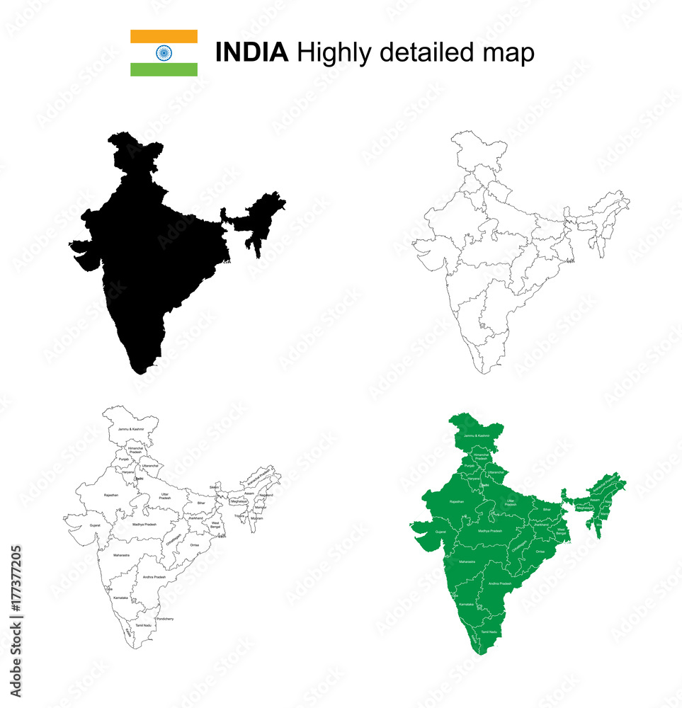 India map, Isolated vector highly detailed political map with regions ...