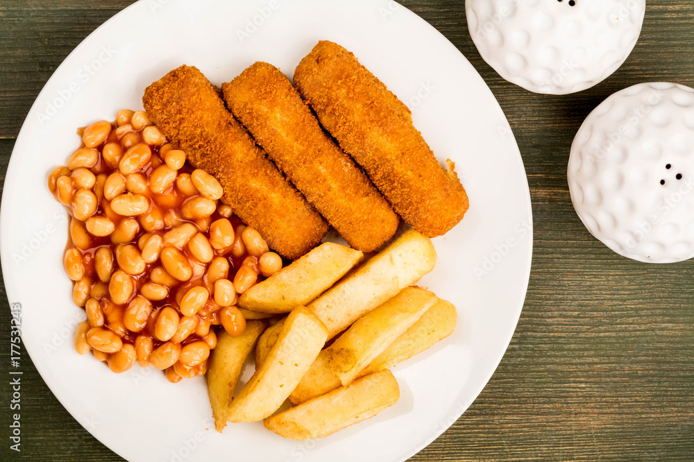 Grilled Cod Fish Fingers With Chunky Chips And Baked Beans in Tomato Sauce Stock Photo | Adobe Stock