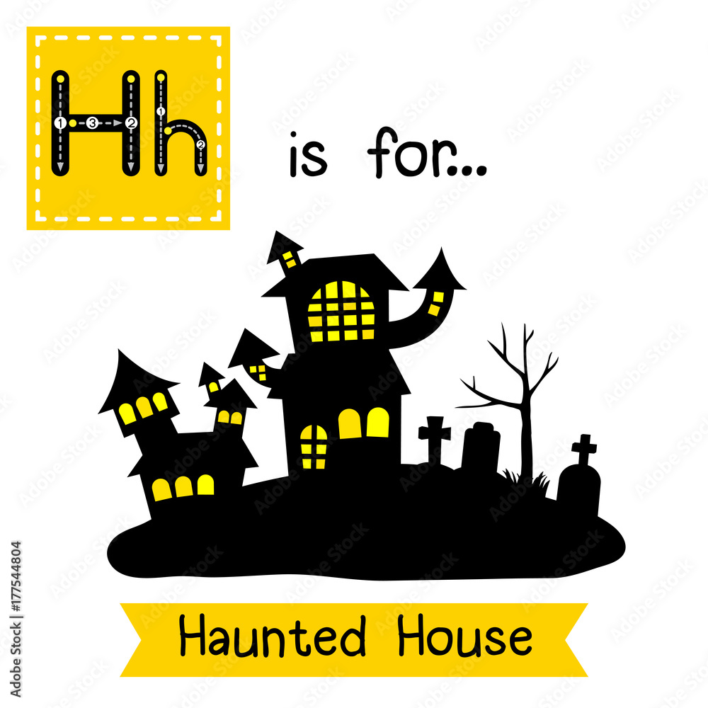 Cute children ABC alphabet H letter tracing flashcard of Haunted House ...