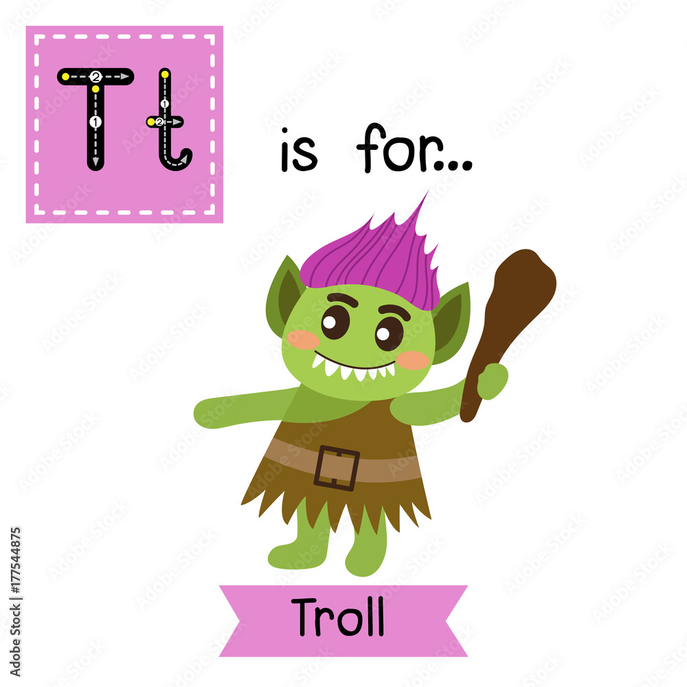 Cute children ABC alphabet T letter tracing flashcard of Troll for kids ...