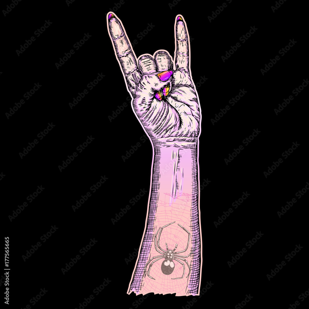 Pink gothic emo witch craft girl hand in rock n roll sign with poison ...