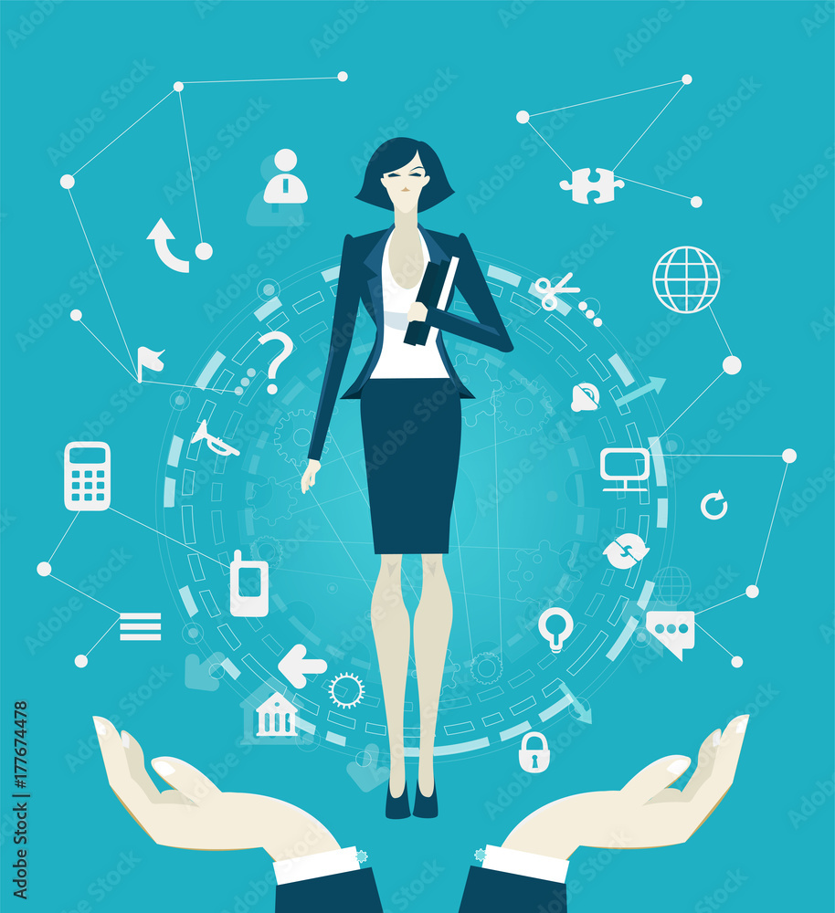 Business woman in front of communication icons is being held by senior management hand. Support ...