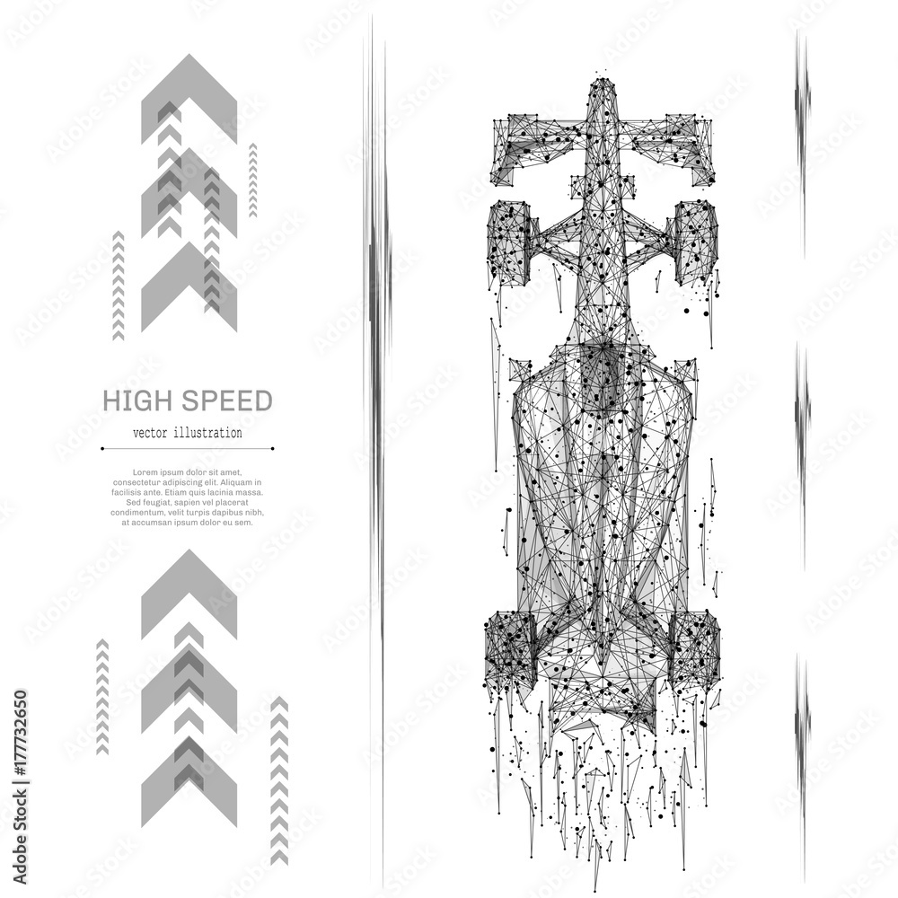 Sport bolid F1 low poly wireframe isolated black on white background ...