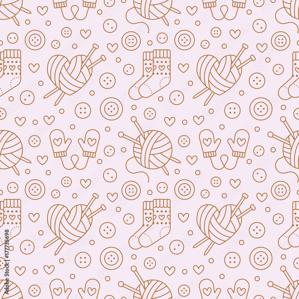 Knitting, crochet seamless pattern. Cute vector flat line illustration ...
