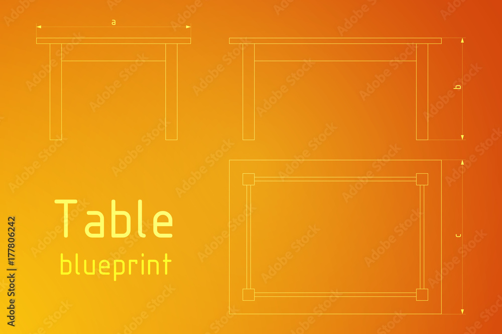 Table furniture wireframe blueprint with dimensions. Linear outline ...