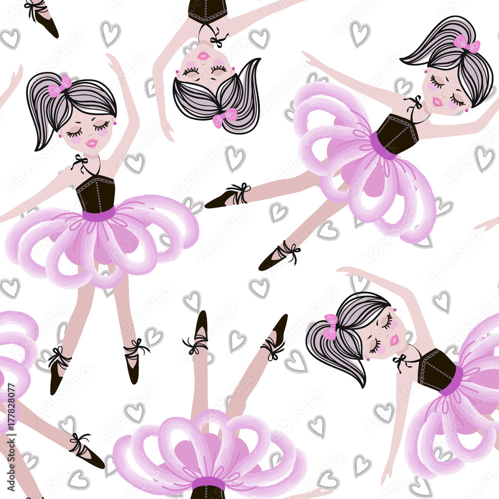 Cute dancing ballerina girls in pink tutus. Vector seamless pattern for baby and child ...