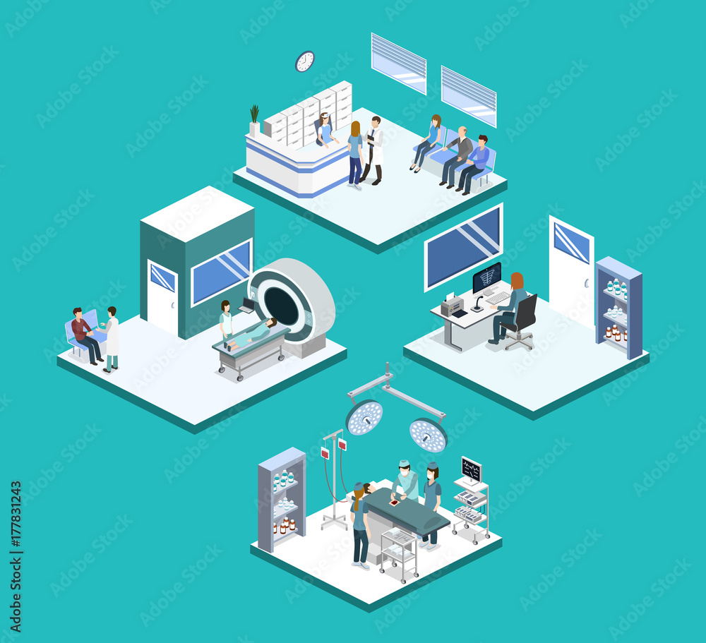 Isometric 3D vector illustration set of reception in the hospital, mrt ...