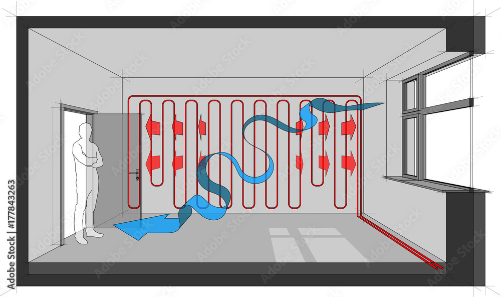 Vektor Diagram of wall heated room with natural air ventilation arrow ...