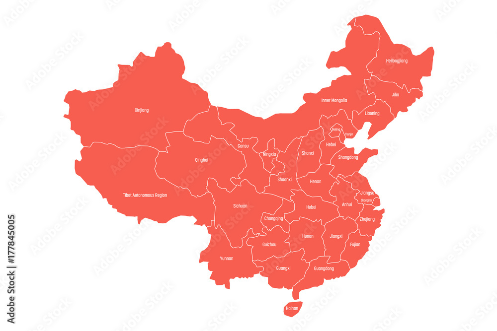 Regional map of administrative provinces of China. Red map with white ...
