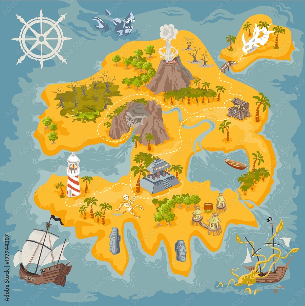 Vector map elements of fantasy pirate island in colorful illustration ...