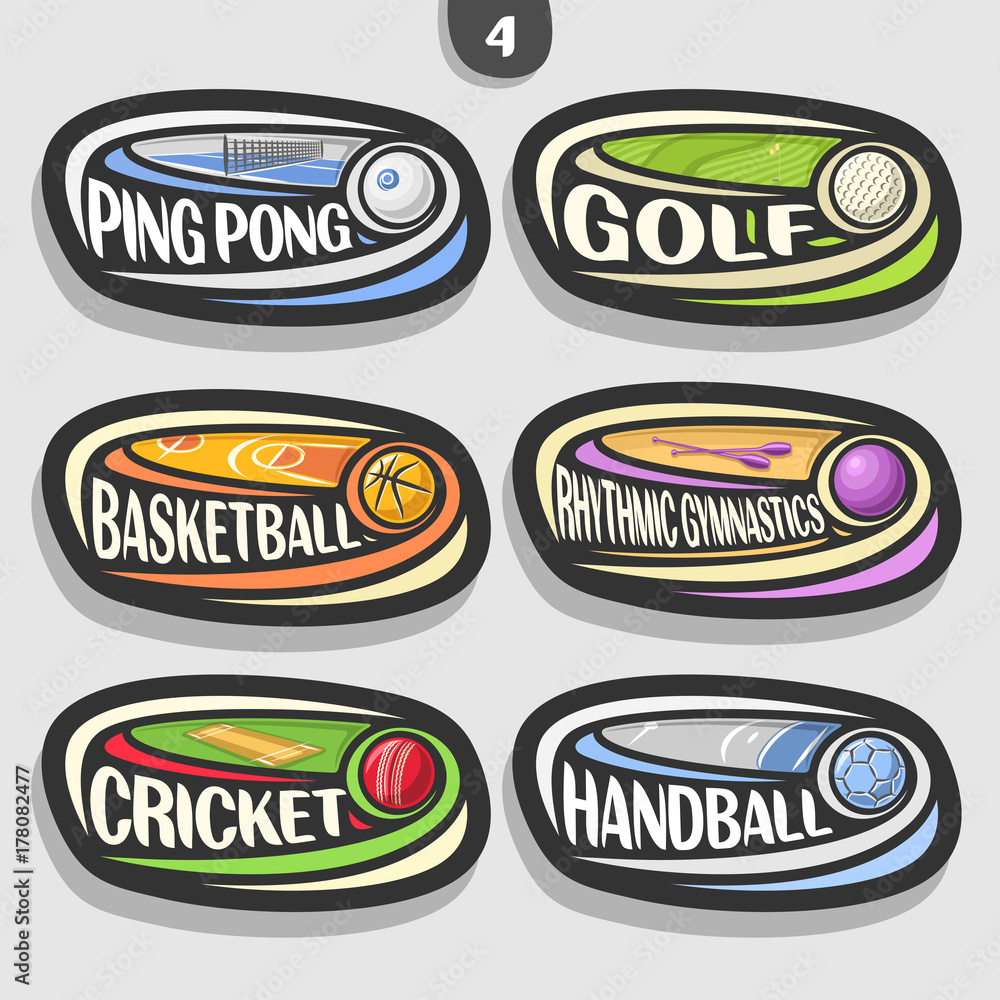 Vector set of sport logos, 6 oval simple badges with flying ball on ...