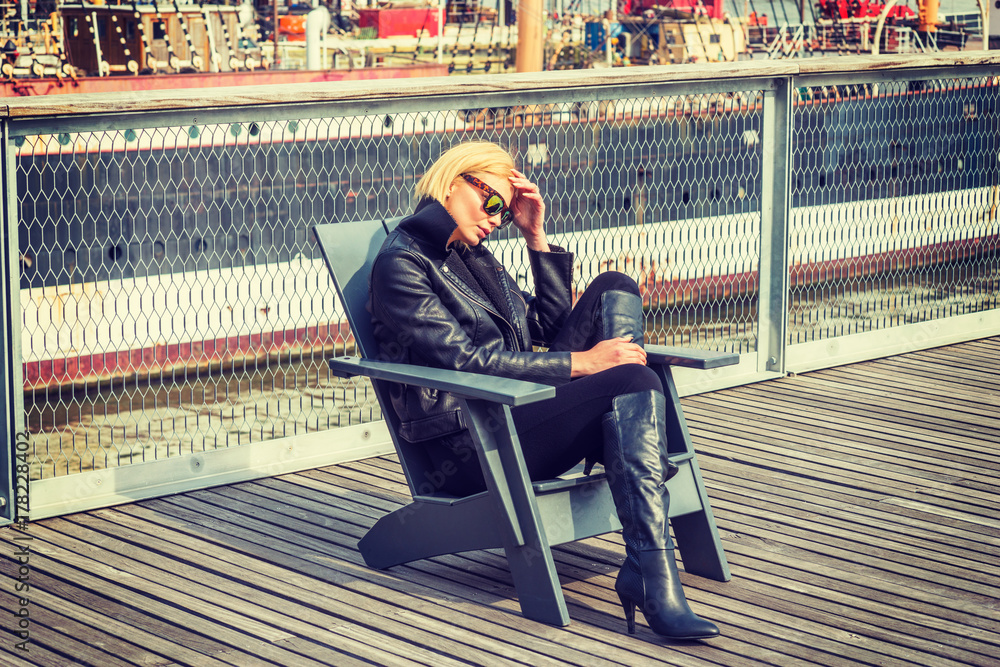 Eastern European Woman traveling in New York, wearing leather jacket ...
