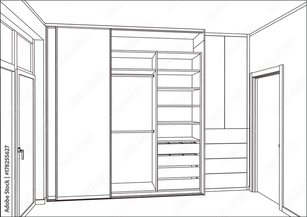3D vector sketch. Empty wardrobe with sliding doors in the interior ...