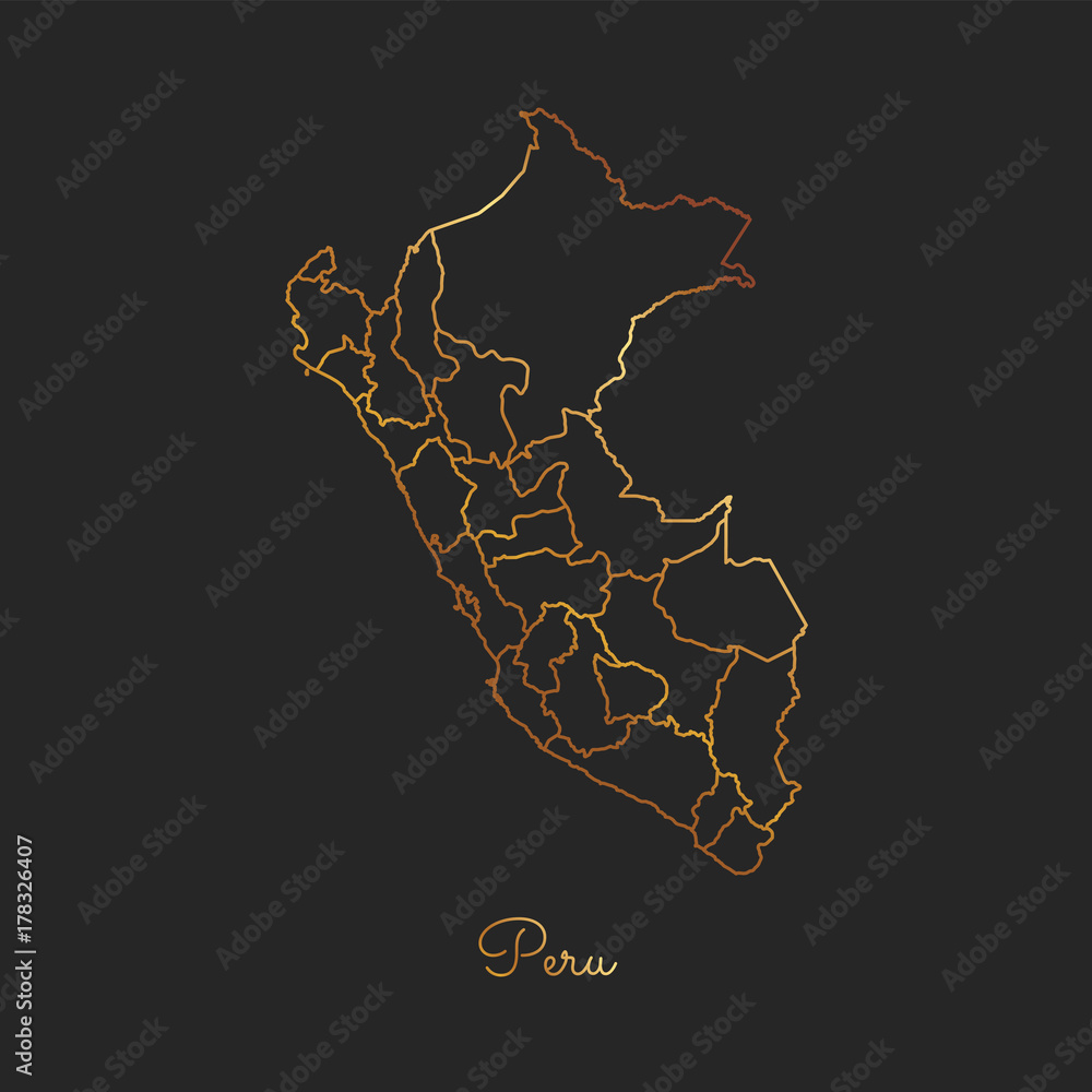 Peru region map: golden gradient outline on dark background. Detailed map of Peru regions ...