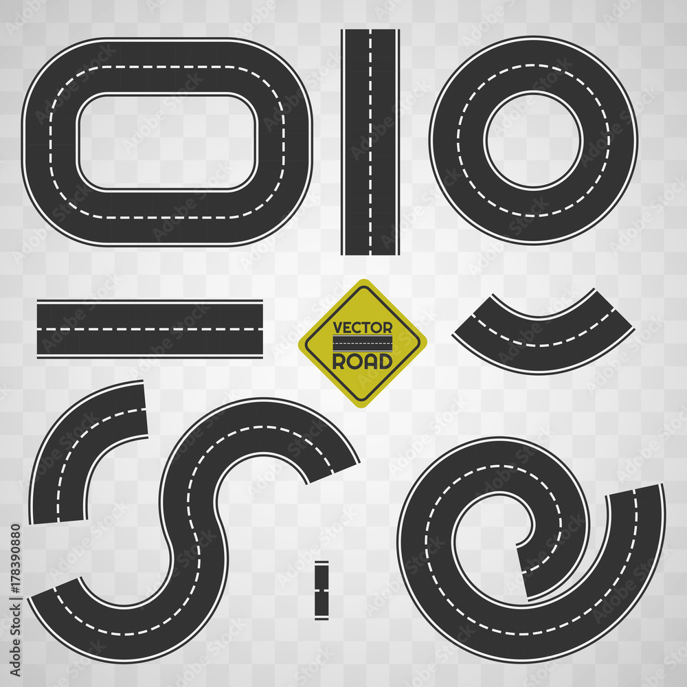 Road way collection with white continuous and discontinuous strip ...