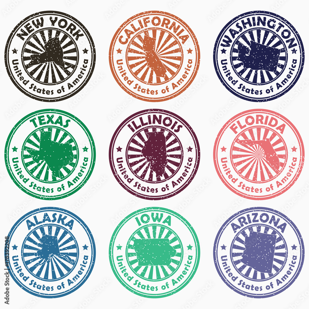 USA stamps with the name and map of states. Set of vintage grunge signs ...