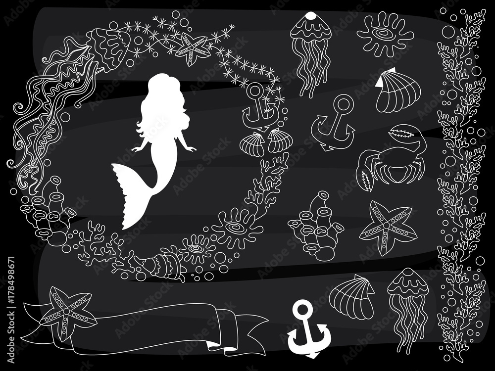 Vector Chalkboard Sea Life Set. Vector set of Nautical Elements on ...