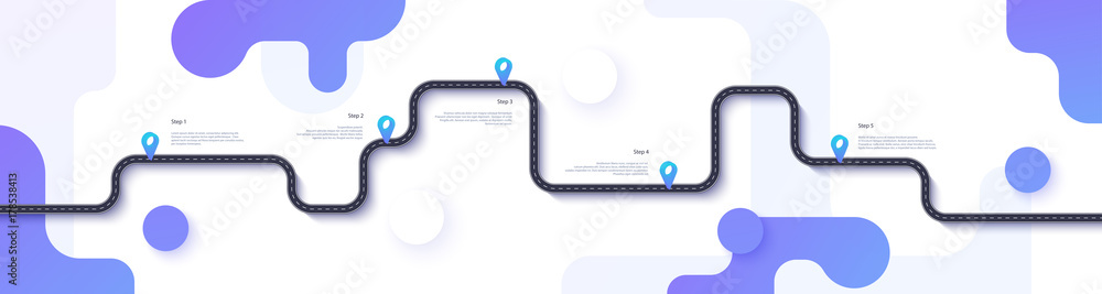Road map and journey route infographics template. Winding road timeline ...