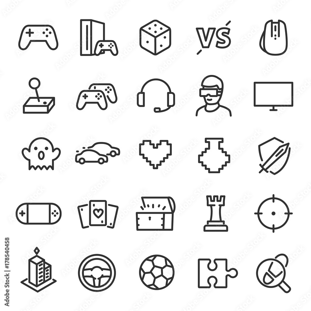 Video games icon set. Game genres and attributes. Linear design. Lines ...