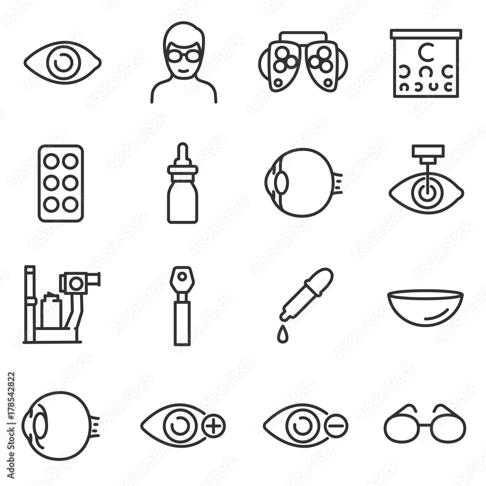 Vision icon set. Verification and correction of visual, thin line ...