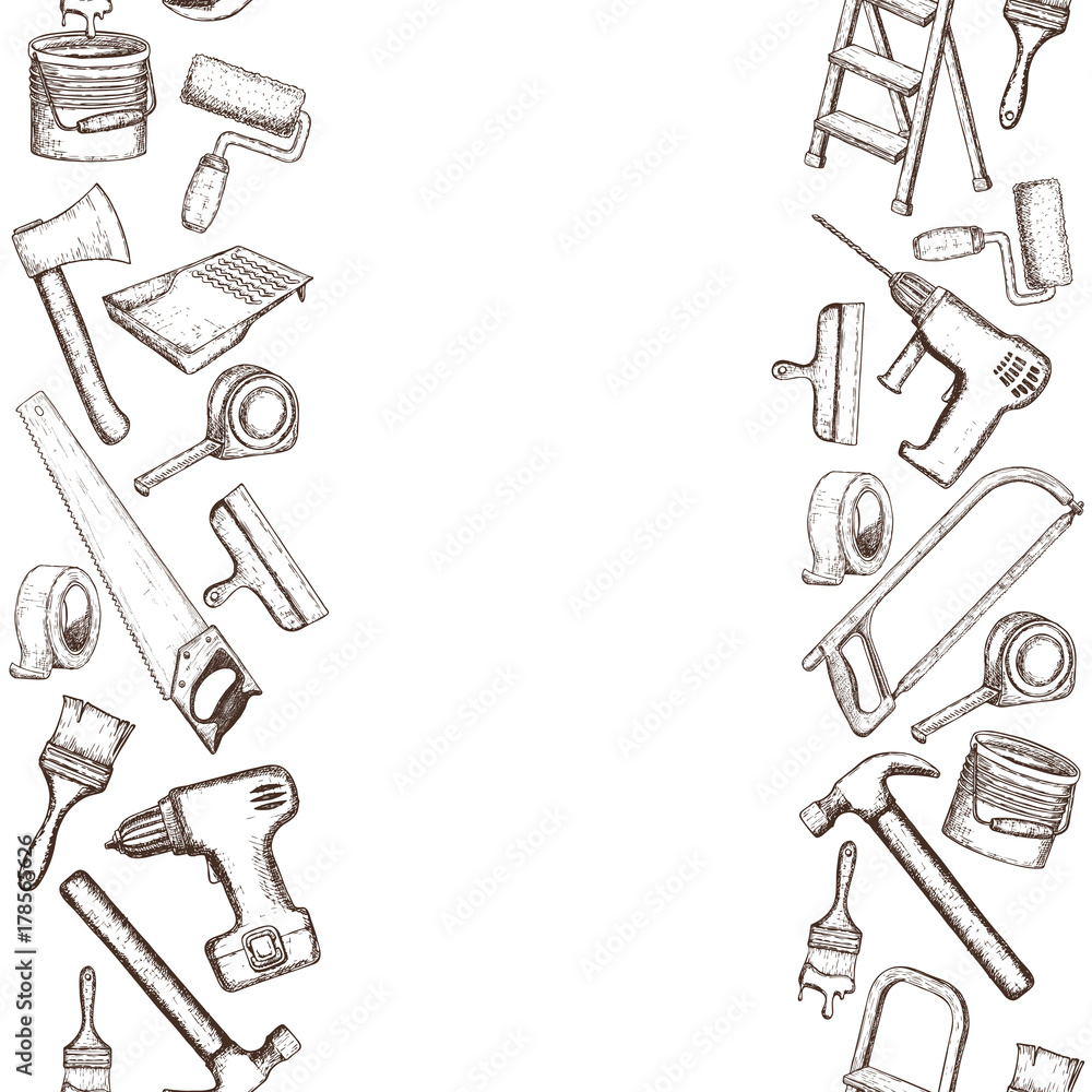 Seamless vertical borders of building repair tools, sketch illustration ...