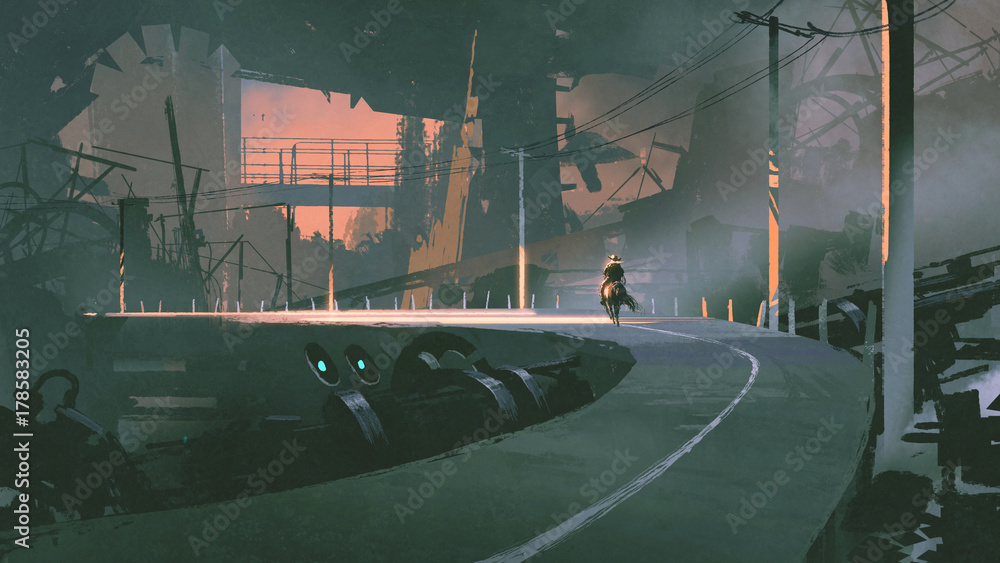 sci-fi concept of man riding a horse in futuristic city, digital art ...