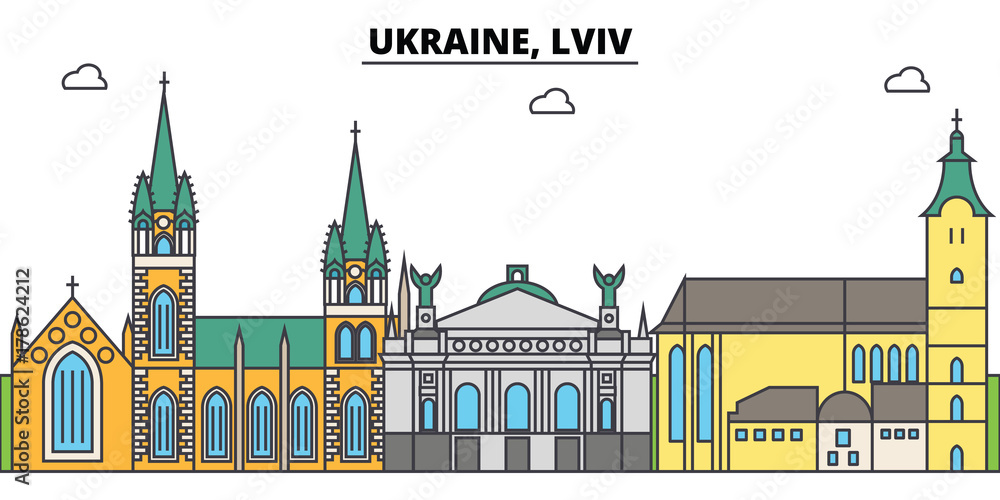 Ukraine, Lviv outline city skyline, linear illustration, line banner ...