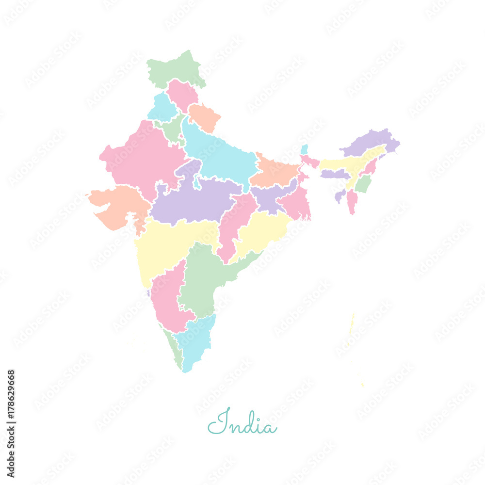 India region map: colorful with white outline. Detailed map of India ...