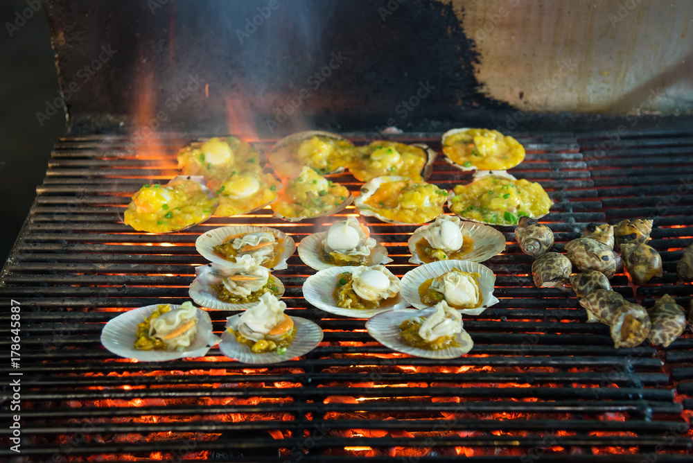 Shellfish on grill very tasty food is available at seafood street ...
