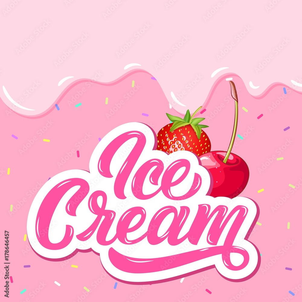 Ice Cream hand lettering, custom typography, cartoon letters on pink ...