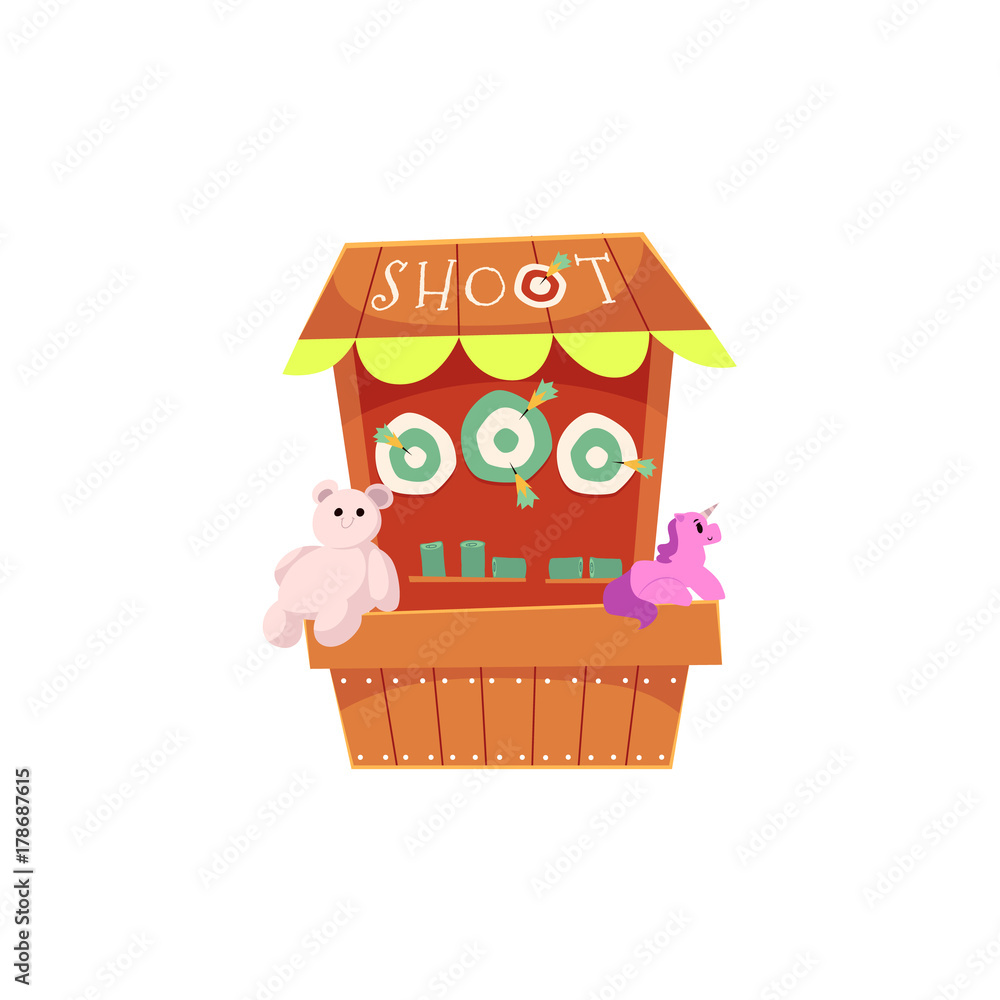 Cartoon carnival game booth in amusement park, side view vector ...