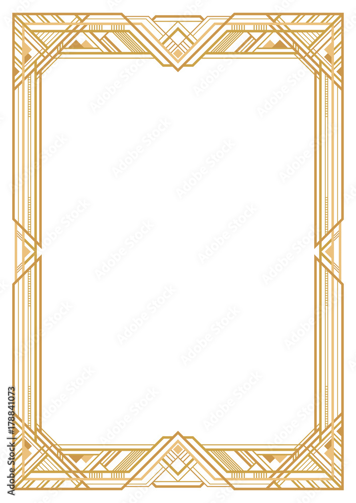 Rectangular golden retro frame, art deco style of 1920s. Transparent ...