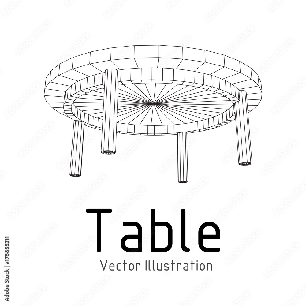 Round Table furniture wireframe blueprint. Linear outline pedestal ...