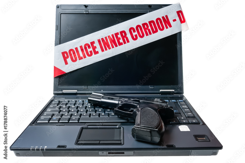 Laptop with police inner cordon crime scene tape and a handgun Stock ...