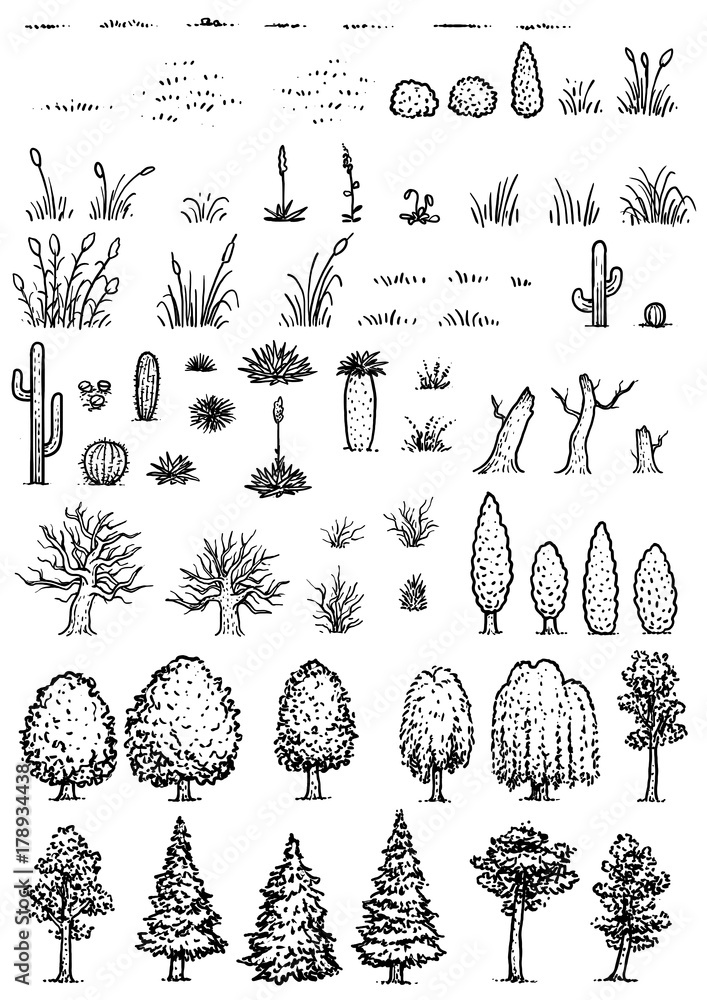Map elements illustration, drawing, engraving, ink, line art, vector ...