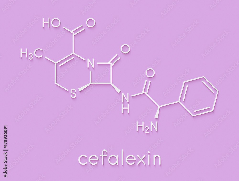 Cefalexin antibiotic drug molecule (cephalosporin, first generation ...