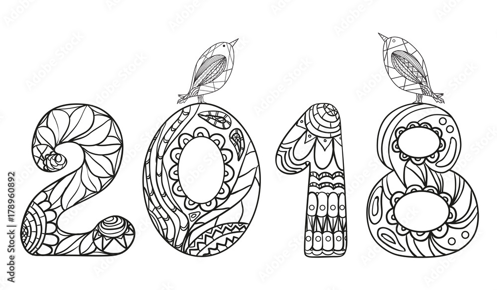 2018 Numbers . Zentangle. Hand drawn numbers with birds on isolation ...