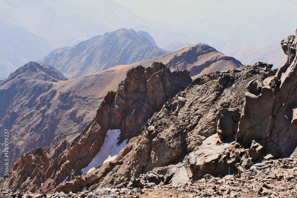 Atlas Mountains in Morocco. Treking on the highest peak. Sharp peaks of ...