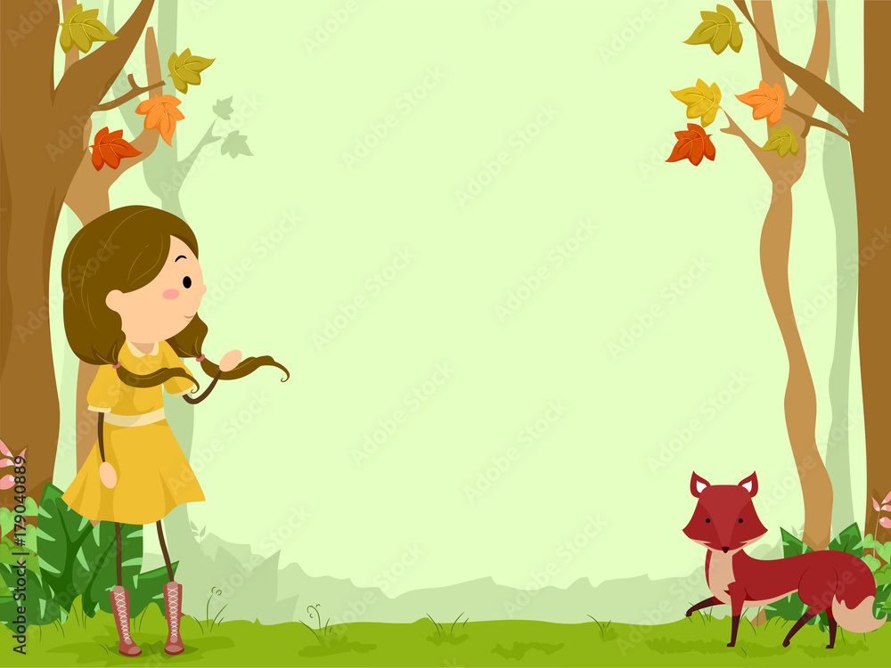Kid Girl Stickman Woodland Fox Background Stock Vector | Adobe Stock