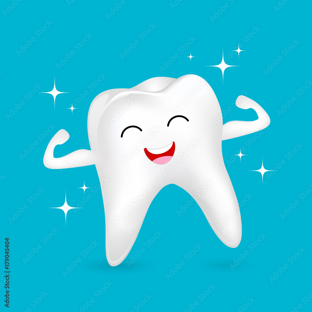 Healthy tooth character showing muscle with smiley face. Dental care ...