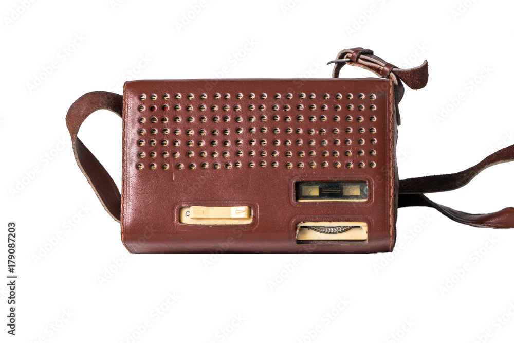 Old transistor radio in a leather case isolated on white Stock Photo ...