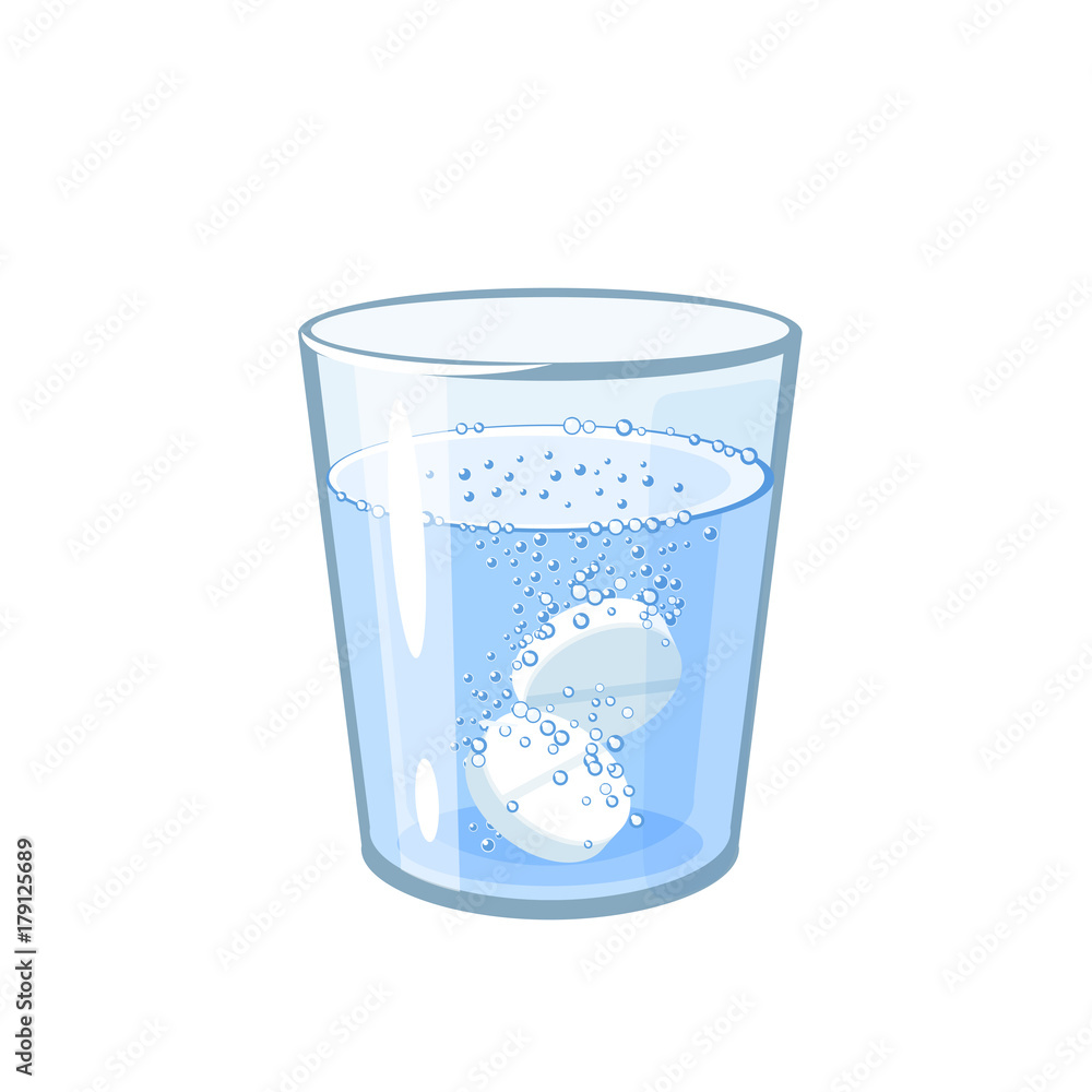 Effervescent aspirin tablets dissolve in a glass of water. Vector ...