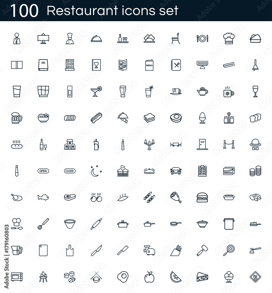 Restaurant icon set with 100 vector pictograms. Simple outline food ...