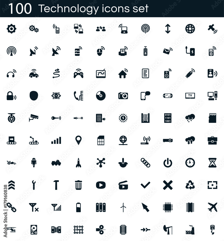 Technology icon set with 100 vector pictograms. Simple filled isolated ...