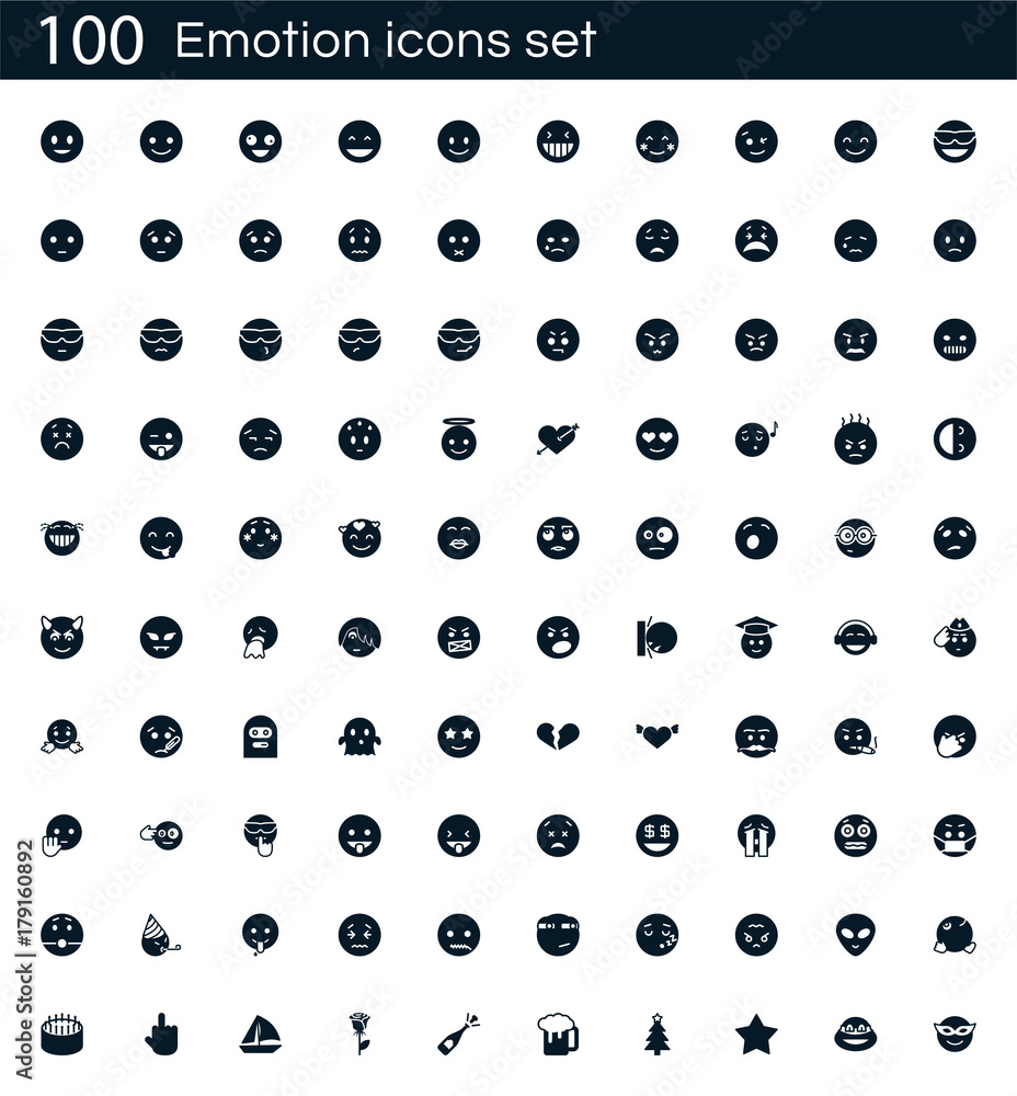 Emotion icon set with 100 vector pictograms. Simple filled smile icons ...