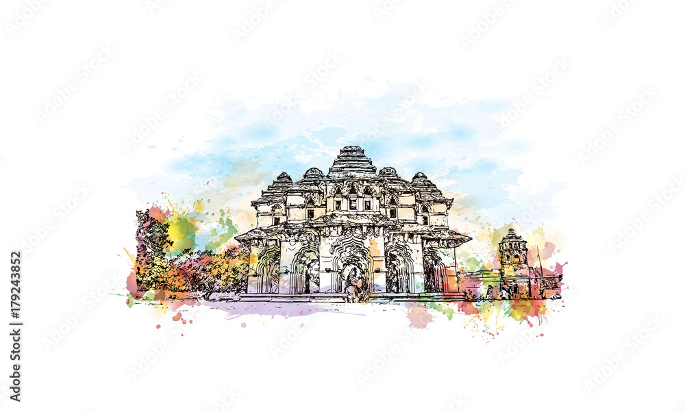 Watercolor sketch with splash of Lotus Mahal Hampi Hampi, Karnataka ...
