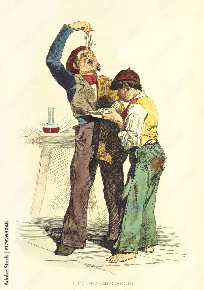 two poor boys eating pasta using their hands. By F. Palizzi and ...