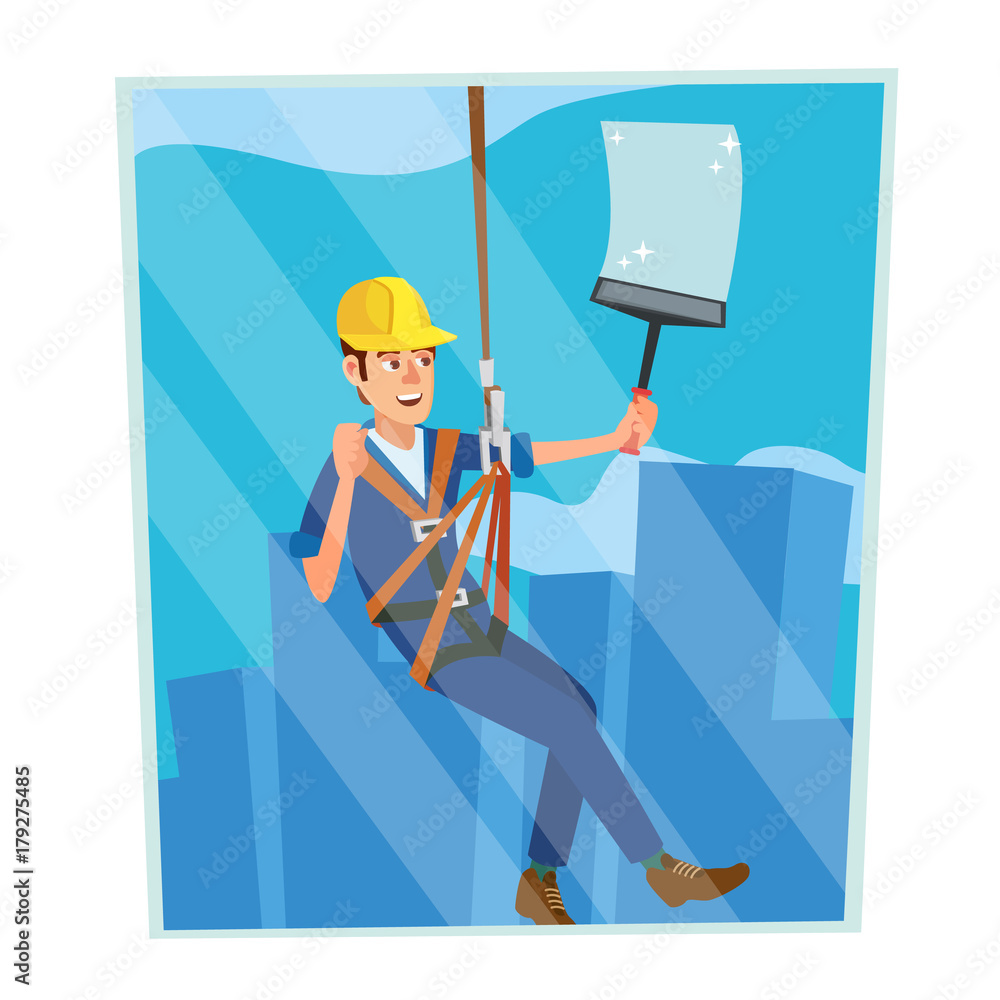 Windows Cleaning Worker Vector. Professional Worker Cleaning Windows ...